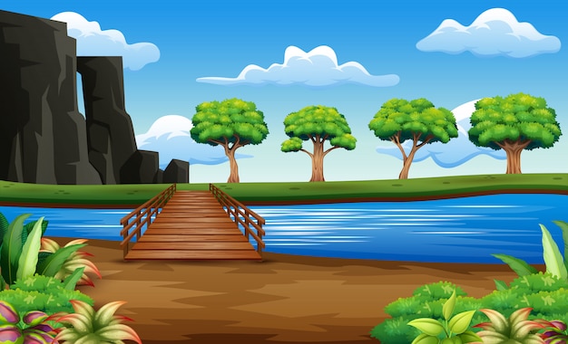 Vector Illustration Of Beautiful Forest Bridge Cartoon Forest Clip
